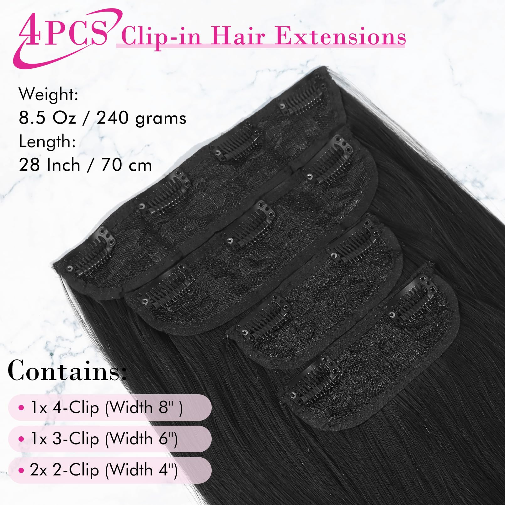 REECHO 28" Straight Super Long 4 PCS Set Thick Clip in on Hair Extensions Natural Black