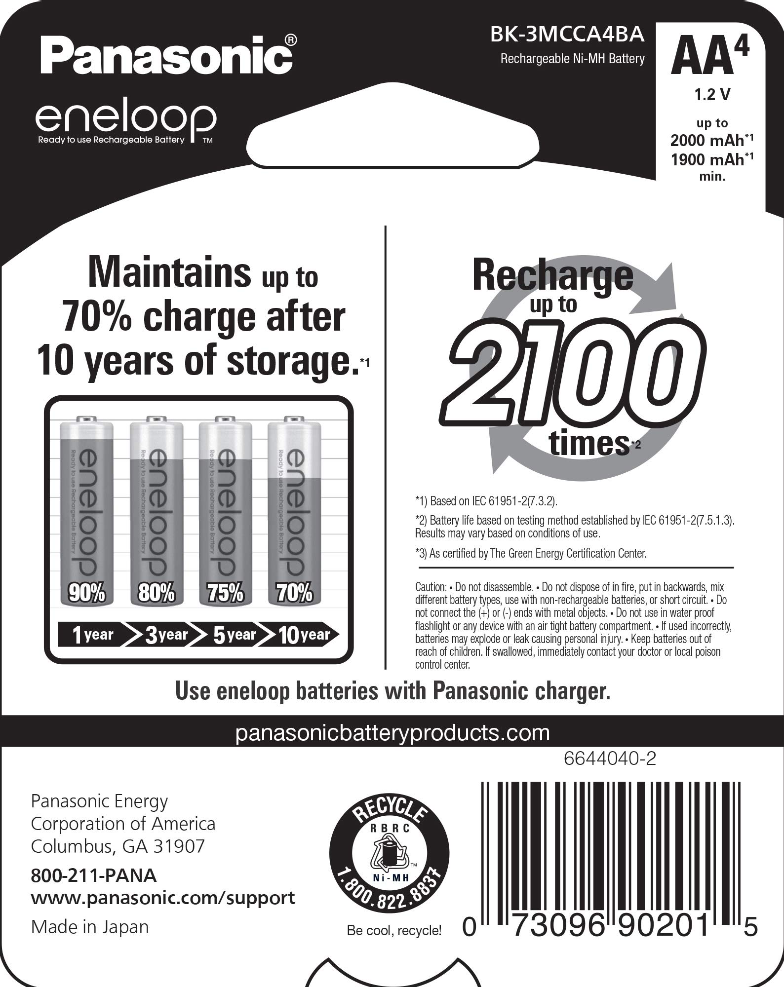 Eneloop Panasonic Advanced 4-Cell Battery Charger BQ-CC17SBA White & Ni-MH AA Battery BK-3MCCA4BA 1.2V 4pk Rechargeable