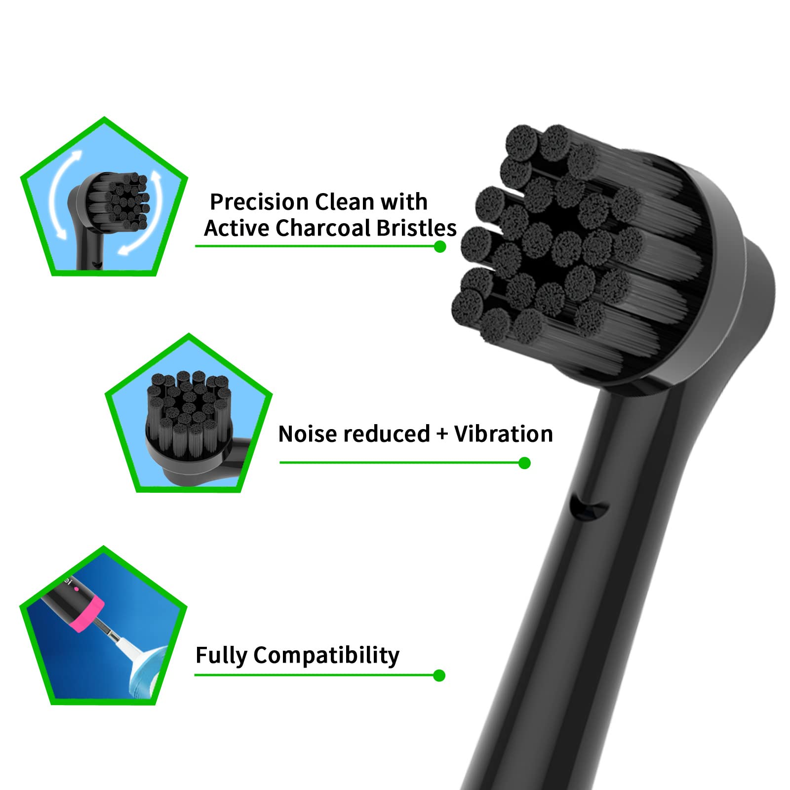 16 Pack Charcoal Brush Heads Compatible with Oral B Electric Toothbrush, Making with Active Charcoal Bristles, Black