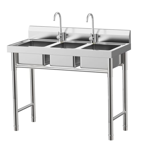 3 Compartment Commercial Utility Sink, 304 Stainless Steel Laundry Tub Culinary Sink, Freestanding Prep & Utility Washing Sink with 2 Faucets, Restaurant Sink Station for Outdoor Indoor