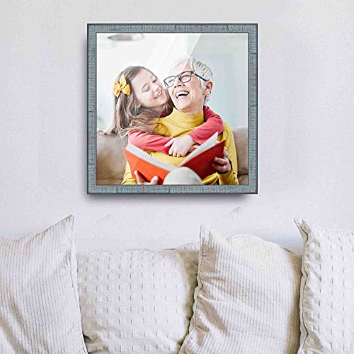 7x7 Frame Blue Scuffed Farm Board Solid Wood Picture Frame Width 0.75 Inches | Interior Frame Depth 0.5 Inches | Kingsley Blue Distressed Photo Frame Complete with UV Acrylic, Foam Board Backing &