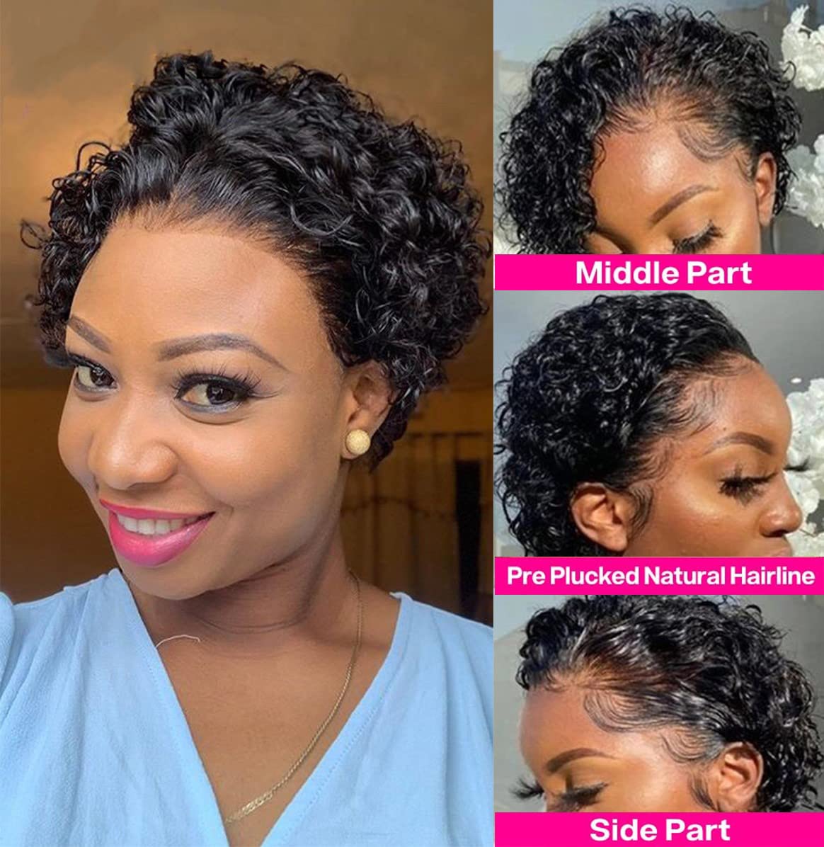 Short Curly Human Hair Wigs Pixie Cut Bob Glueless Wigs Front for Black Women with Baby Hair, 13x1 Lace 180% Density Pre Plucked HD