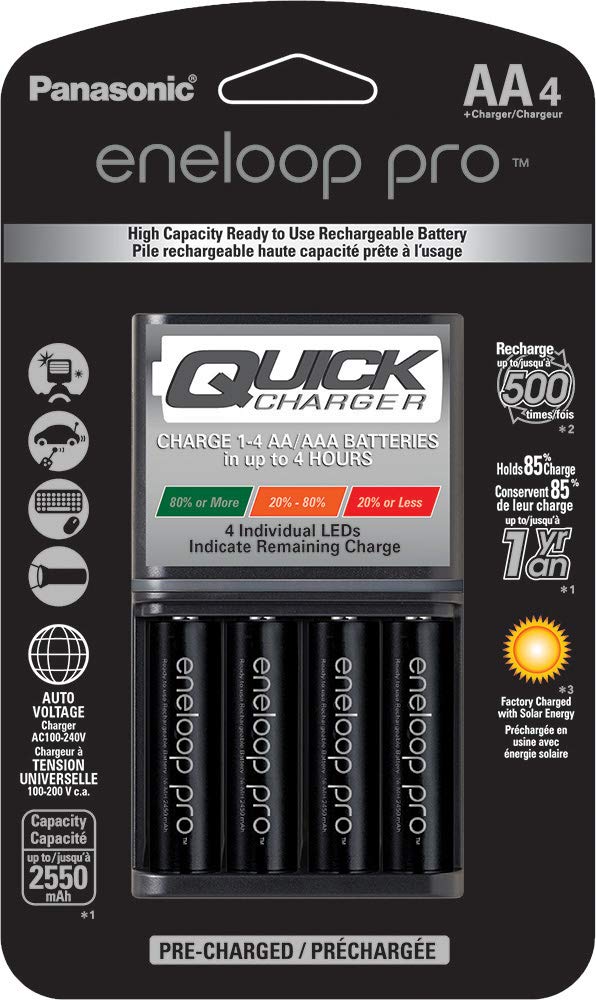 Eneloop Panasonic K-KJ55KHC4BA Advanced 4 Hour Quick Battery Charger with 4AA pro Rechargeable Batteries & Panasonic BK-3HCCA4BA pro AA High Capacity Ni-MH Pre-Charged Batteries, 4 Pack