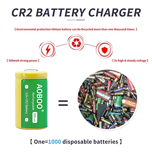 AOBOO CR2 Rechargeable Battery and Fast Charging head-300 mAh 3V Two-Pack Household Battery for Golf rangefinder, Telescope, Electric, Alarm and Other Equipment