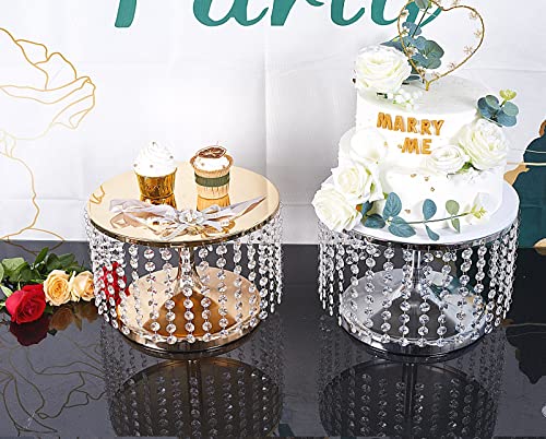 8 Inch Tall Wedding Gold Cake Stand - 12" Dia Round Base Cake Serving Stand with Crystal Chandelier, Dessert Cupcake Pastry Candy Display Plate for Weddings, Birthdays and Special Occasions