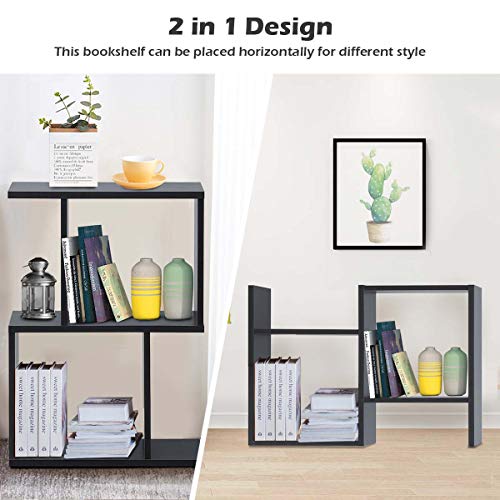Giantex 2-Tier Bookshelf S Shaped Bookcase, Free Standing Industrial Storage Rack, Suit for Living Room Bedroom Office, Modern Small Bookcase, Black
