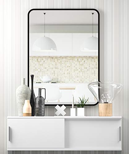 USHOWER 24 x 36 Inch Bathroom Mirror, Matte Black Rectangle Mirror for Wall, Rounded Metal Frame Vanity Mirror