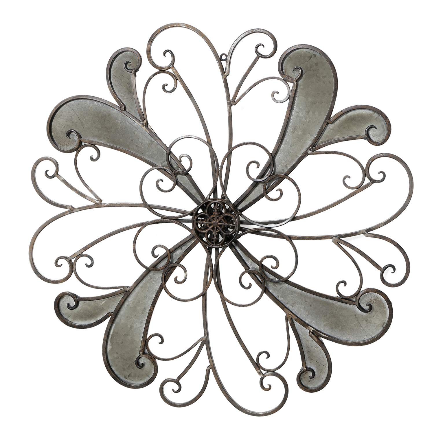 Adeco Rustic Urban Flower Scrolled Design, Metal Wall Hanging Decor For Nature Home Art Decoration & Kitchen Holiday Wall Decorations, Christmas Wall Art Gifts - 25x25 Inches