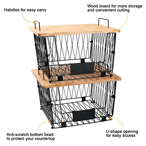 2 Pack Stackable Wire Storage Baskets with Wood Lid- Kitchen Countertop Organizer for Fruit Vegetable -Large Metal Bin for Pantry Organization and Storage, Black