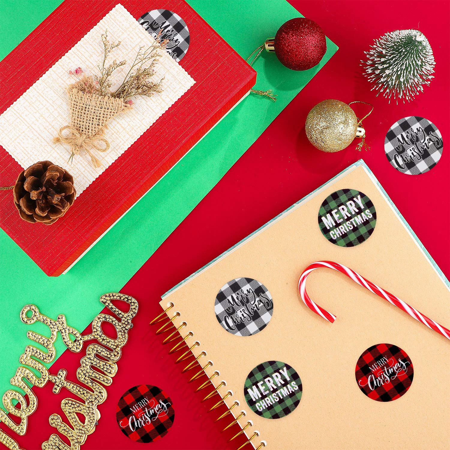 1200 Pieces Buffalo Check Plaid Christmas Stickers Round Xmas Elements Label Stickers Decals for Seals Cards Supplies