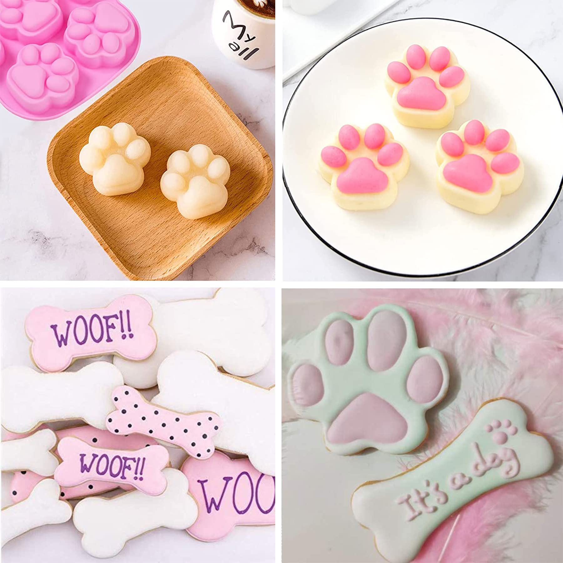 2 in 1 Silicone Molds,2 Pack Silicone Puppy Paw Print & Dog Bone Shaped Molds ,with 3 Packs Stainless Steel Bone Cookie Cutter-Blue&Pink-Set of 5