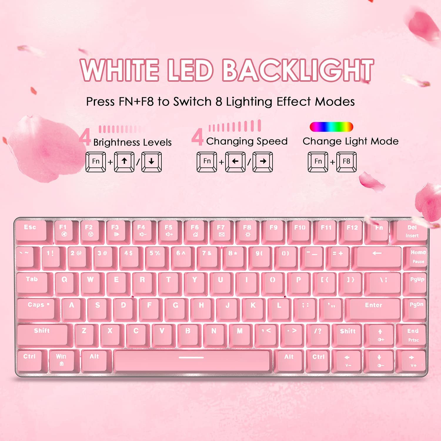 LexonElec Pink Gaming Mechanical Keyboard White Backlit 82 Keys Illuminated Type-C Wired Gaming Keyboard with Red Switches for Computer Gamers (Pink)
