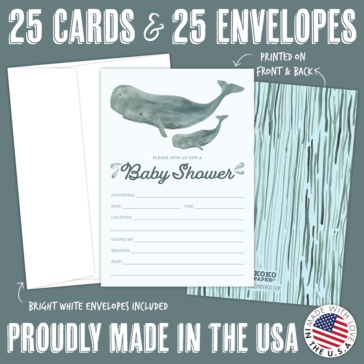 Koko Paper Co Whale Baby Shower Invitations | 25 Fill-in Invitations and Envelopes | Printed on Heavy Card Stock.