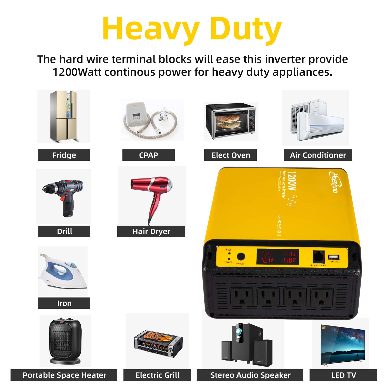 1200W Pure Sine Wave Inverter Power Converter DC 12V to AC 110-120V Power Source with 15 Feet Remote Control Cable