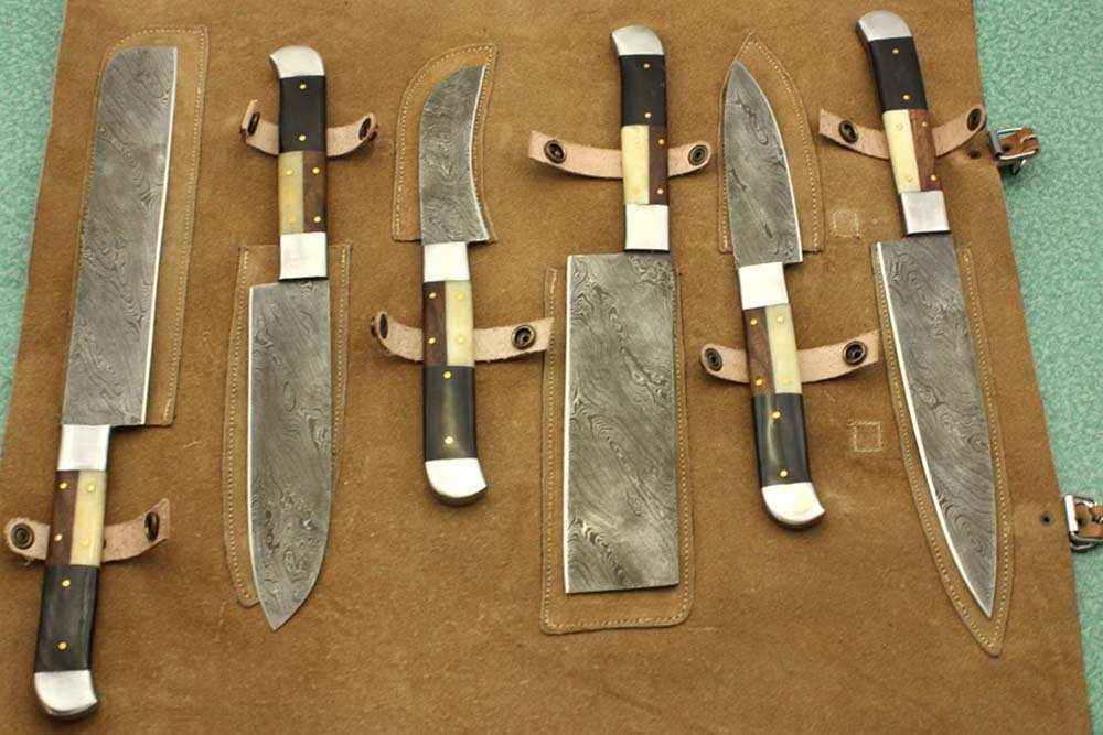 6 Pieces Damascus steel kitchen knife set, Custom made hand forged Damascus steel blade, Overall 65 inches Length of Damascus sharp knives, Cow hide suede Leather sheath00