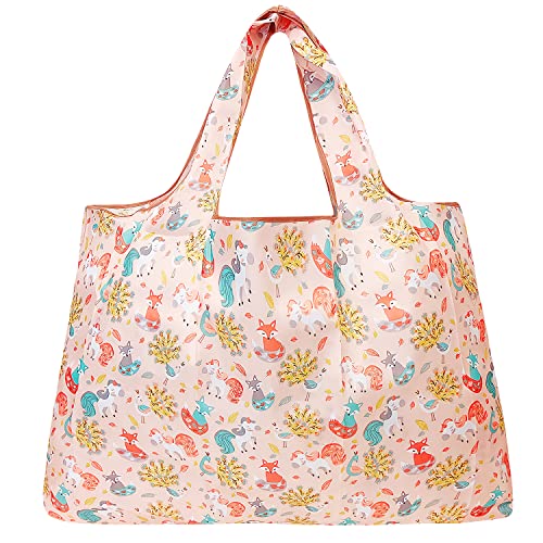 Bowbear Foldable Nylon Reusable Shopping Grocery Bag, Foxes Unicorns & Peacocks