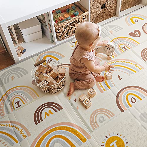 Baby Play Mat, Foldable Foam Play Mat for Floor,Waterproof Reversible Playmat for Babies and Toddlers, Infants, Kids, Edge Reinforcement Crawling Mat for Indoor Outdoor (79'' X 51'')