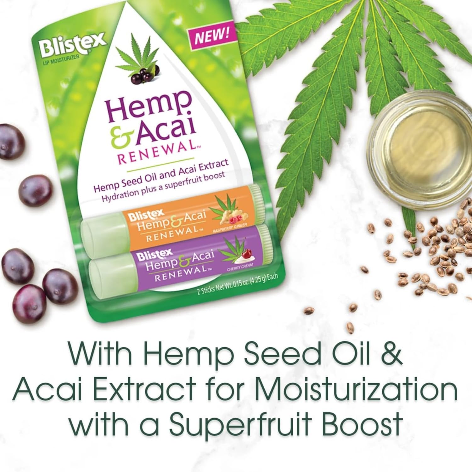 Blistex Hemp & Acai Renewal Lip Balm, 0.30 Ounce, 2 Count – Raspberry Ginger & Cherry Cream, Moisturizing Lip Balm, Super Fruit Benefits, Nourishes & Conditions Lips