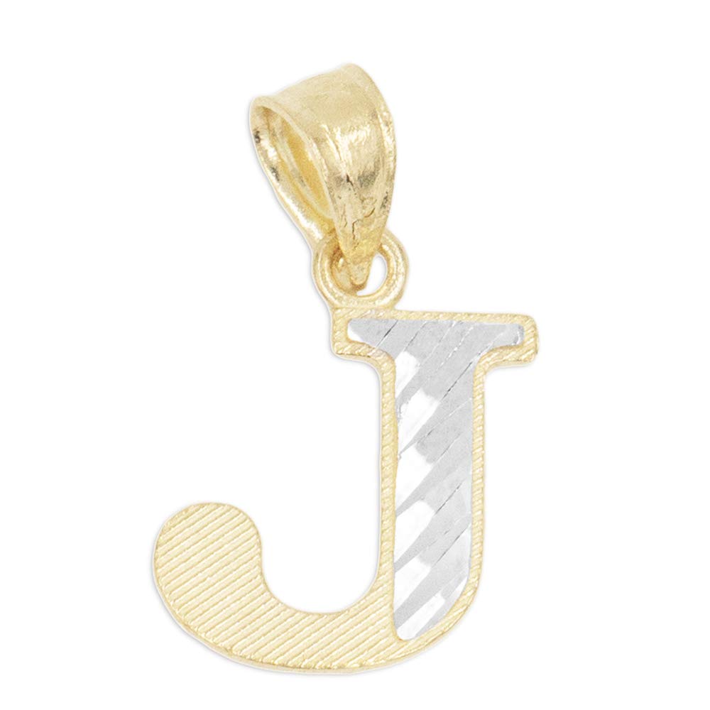 14k Real Solid Gold Two Tone Initial Pendant with Diamond Cut Finish, Available in Different Letters Personalized Letter Jewelry Gifts for Her (J)