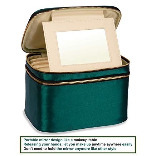 Eudora Double Layer Travel Makeup Bag, Green Nylon Satin Makeup Bag Organizer with Portable Mirror and Brushes holders, Large Cosmetics bag for Women (Green)