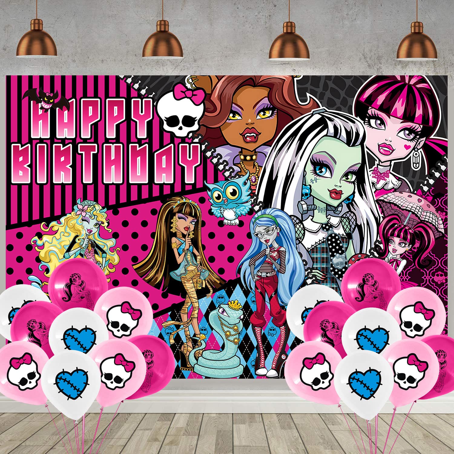 19Pcs Monster High Birthday Party Supplies,1 Happy Birthday Backdrop,18 Ballons for Monster High Party Decorations, 5 x 3FT Birthday Banner for Girls Boys Kids Birthday Party Decorations