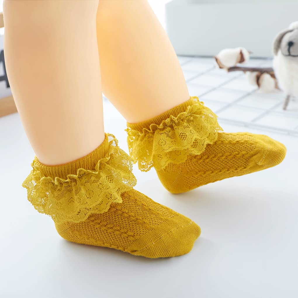 Adeimoo Princess Newborn Baby Girls Socks Lace Ruffle Frilly Ankle Dress Sock for Infants Toddler (5 Pack, 6-12 Months)