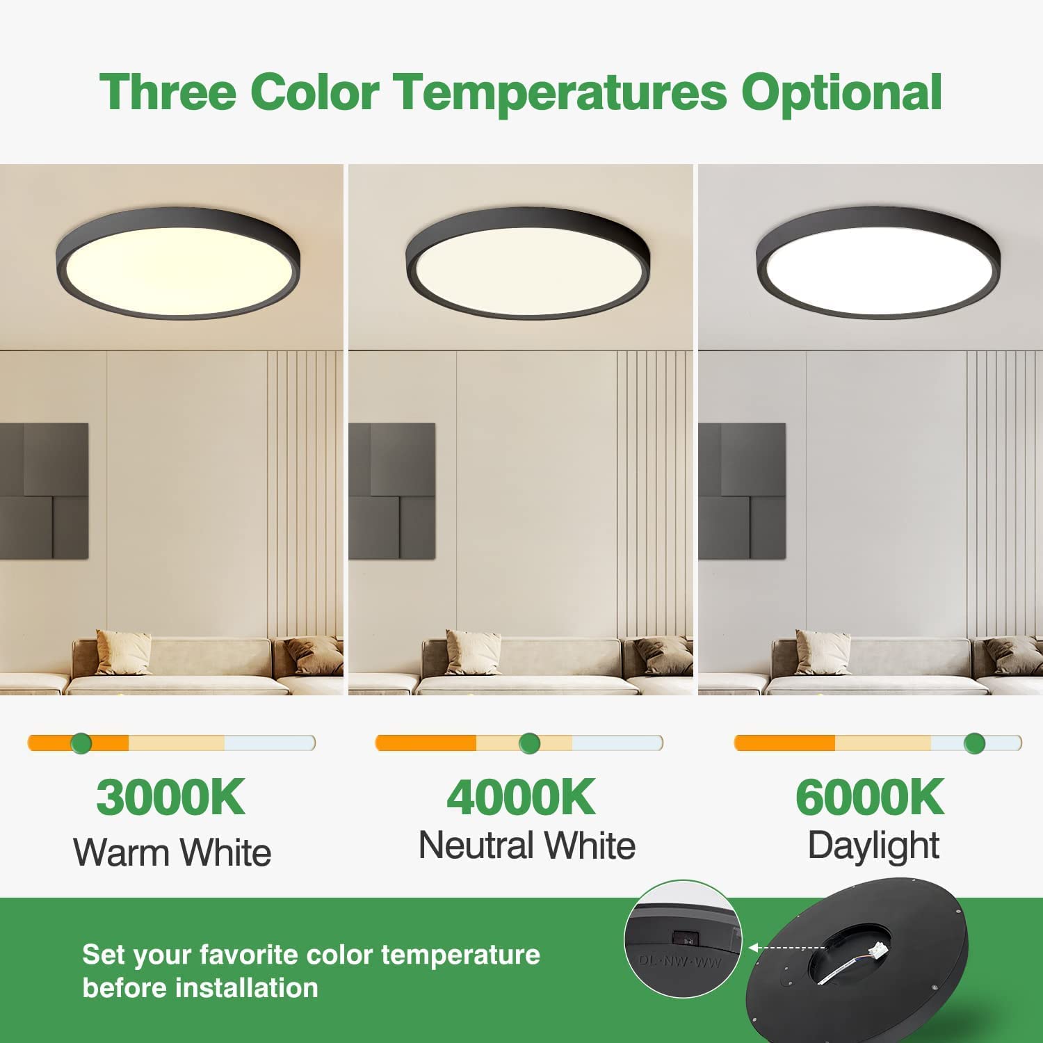 12 Inch LED Flush Mount Ceiling Light 6PK, 24W, 2520LM, 3000K/4000K/6000K CCT Selectable, Round Flat Panel Light Low Profile Ceiling Light Fitures for Hallway, Kitchen, Bedroom, Laundry Room, Black