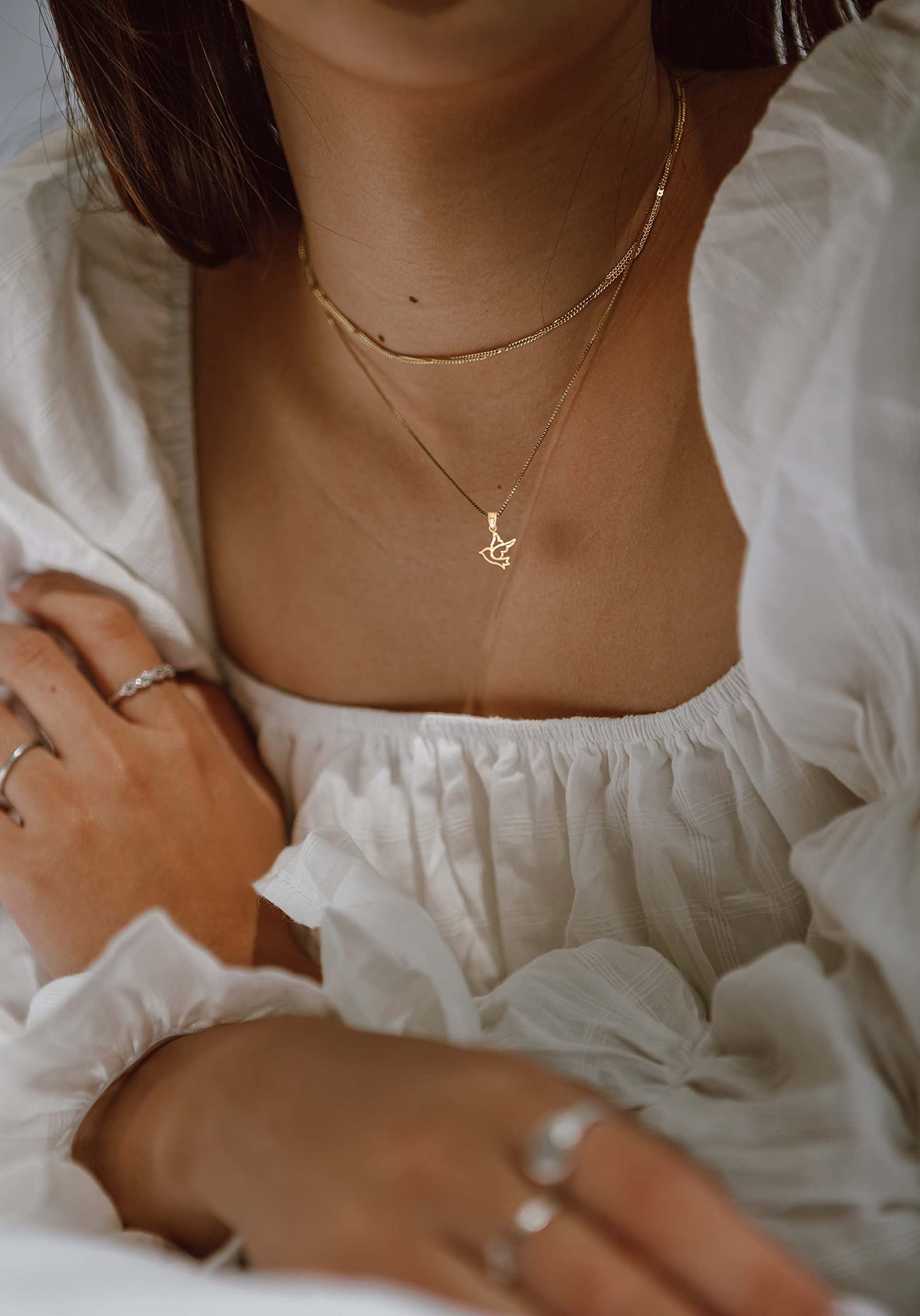 14k Real Solid Gold Dove Pendant, Dainty Diamond Cut Charm for Women Gifts for Her