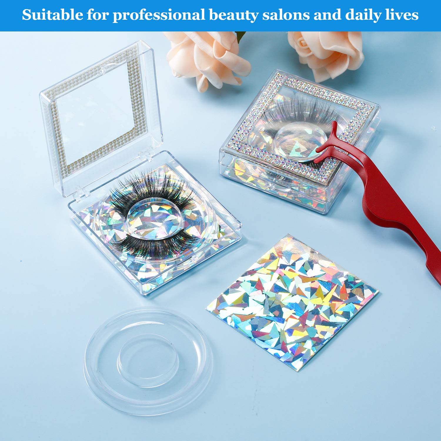 Blulu 8 Pcs 3D Empty eyelash case, Glitter lash cluster box Square Eyelash Storage Boxes with Glitter Paper and Clear Tray for Women(Silver)