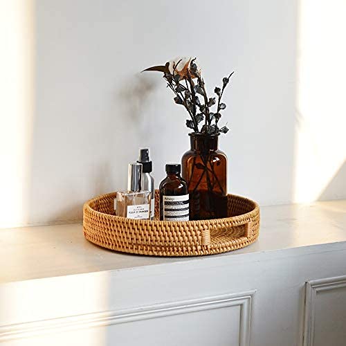 DECRAFTS Coffee Table Tray Round Rattan Ottoman Tray Woven Serving Trays with Handles for Home and Kitchen Decorative Natural (Large 14 inch x 2.8 inch)