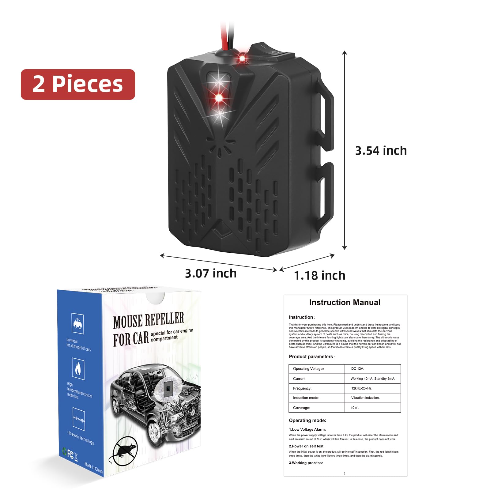 2 Pack Rodent Repellent Ultrasonic Under Hood Animal Repeller with Strobe Light, Professional Ultrasonic Mouse Repellent Squirrel Repellent Rodent Repellent for Car Engines Vehicle Protection