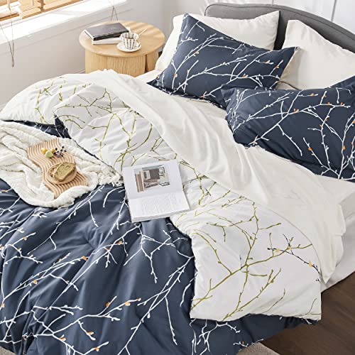 Bedsure Twin Comforter Set - Twin Bed Set 5 Pieces, Reversible Navy Blue Bed in a Bag Tree Branch Pattern Printed with Comforter Twin Size, Sheets, Pillowcase & Sham