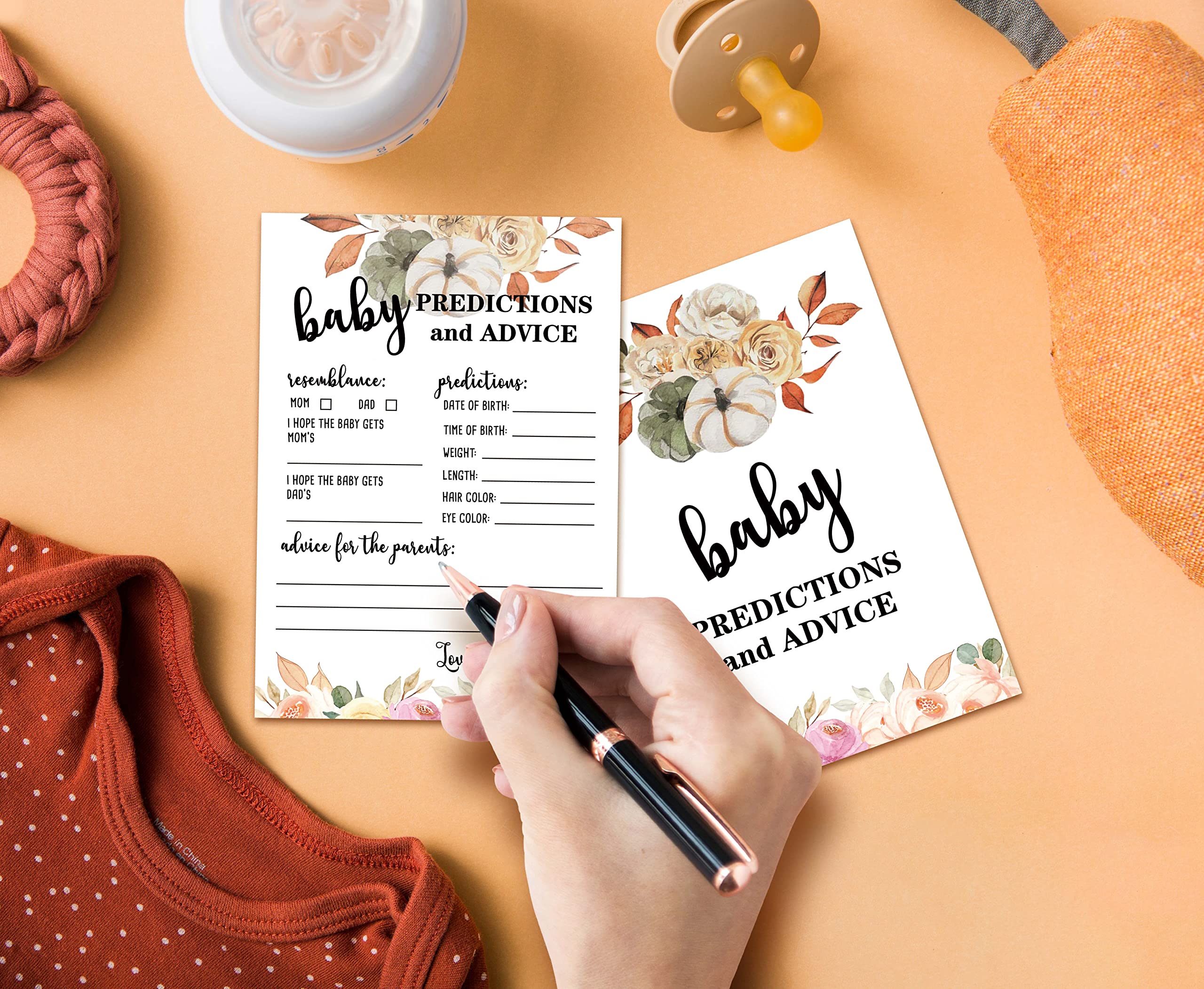 30 Double Side Baby Prediction And Advice Game Cards, Floral Pumpkin Thanksgiving Day Baby Shower Game Cards - 5" x 7"(01)