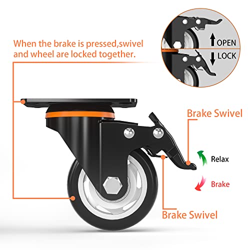 3 Inch Caster Wheels, Heavy Duty 3β Casters Set of 4 with Brake, TONSUM No Noise Polyurethane (PU) Wheels and Safety Dual Locking casters, Swivel Plate Castors (Two Hardware Kits)