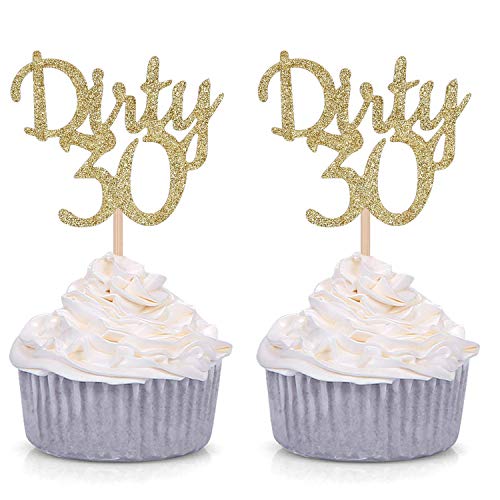 24 Counts Gold Glitter Dirty 30 Cupcake Toppers/Age Thirty Happy 30th Birthday Party Decorations Supplies