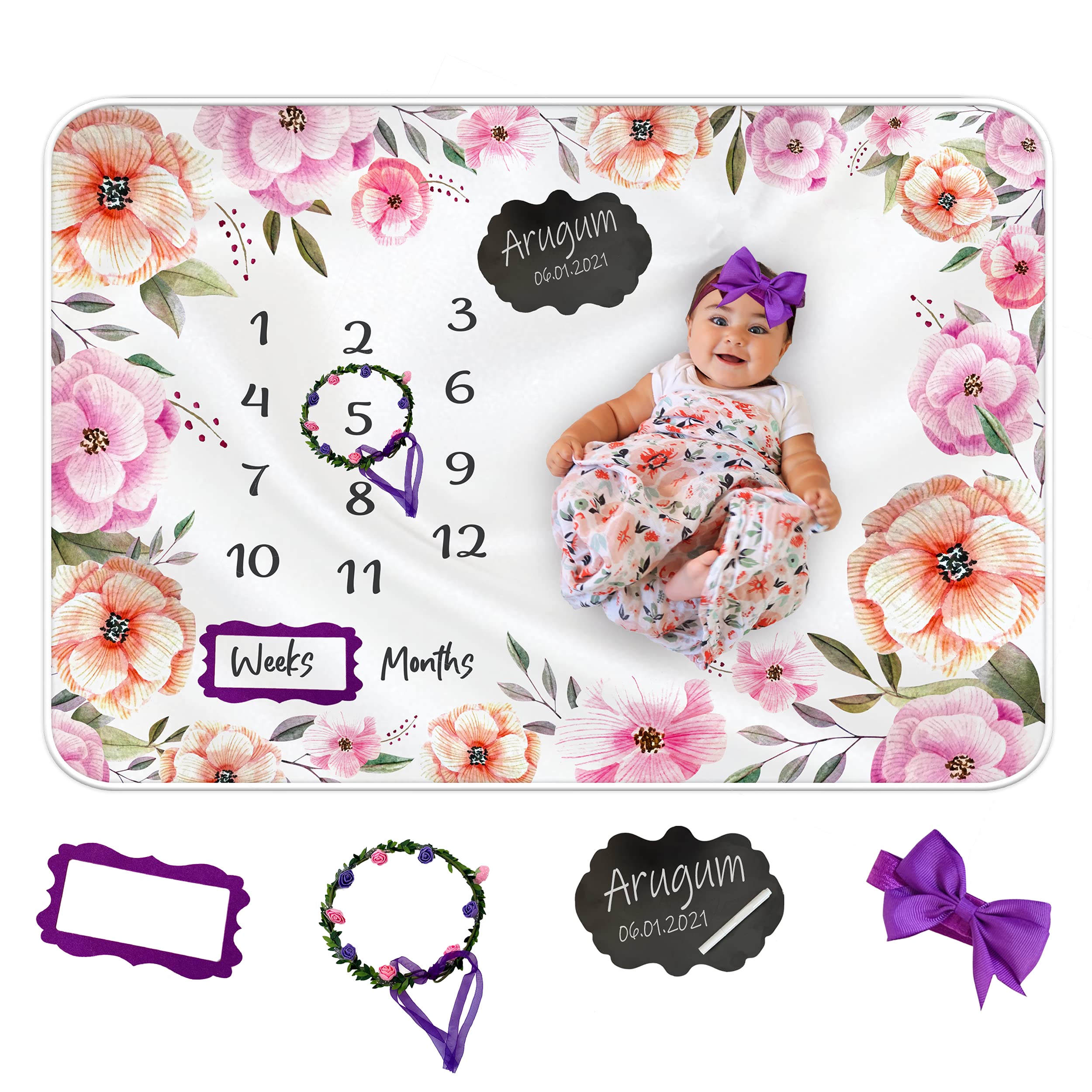 ARUGUMBABY Baby Milestone Blanket Girl - Baby Photo Blanket - Growth Chart Blanket for Baby Girl - 60" x 40" Large (Purple Floral)