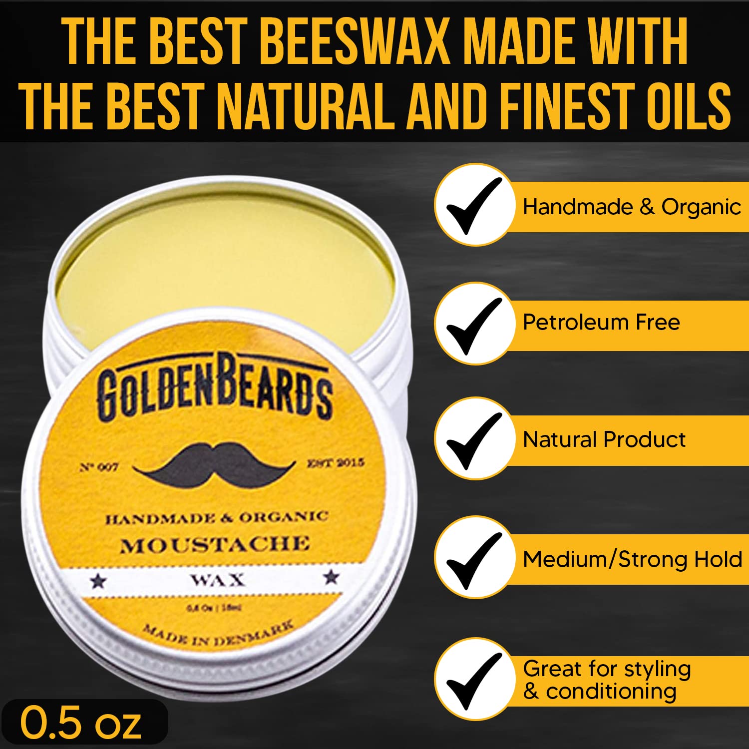 2 Mustache Wax Kit | Beard Wax for men strong hold | Moustache Wax for Men | Organic Mustache Care | Unscented Moustache Wax Neutral with Folding Comb - Set of Two 0,5 Oz Waxes |