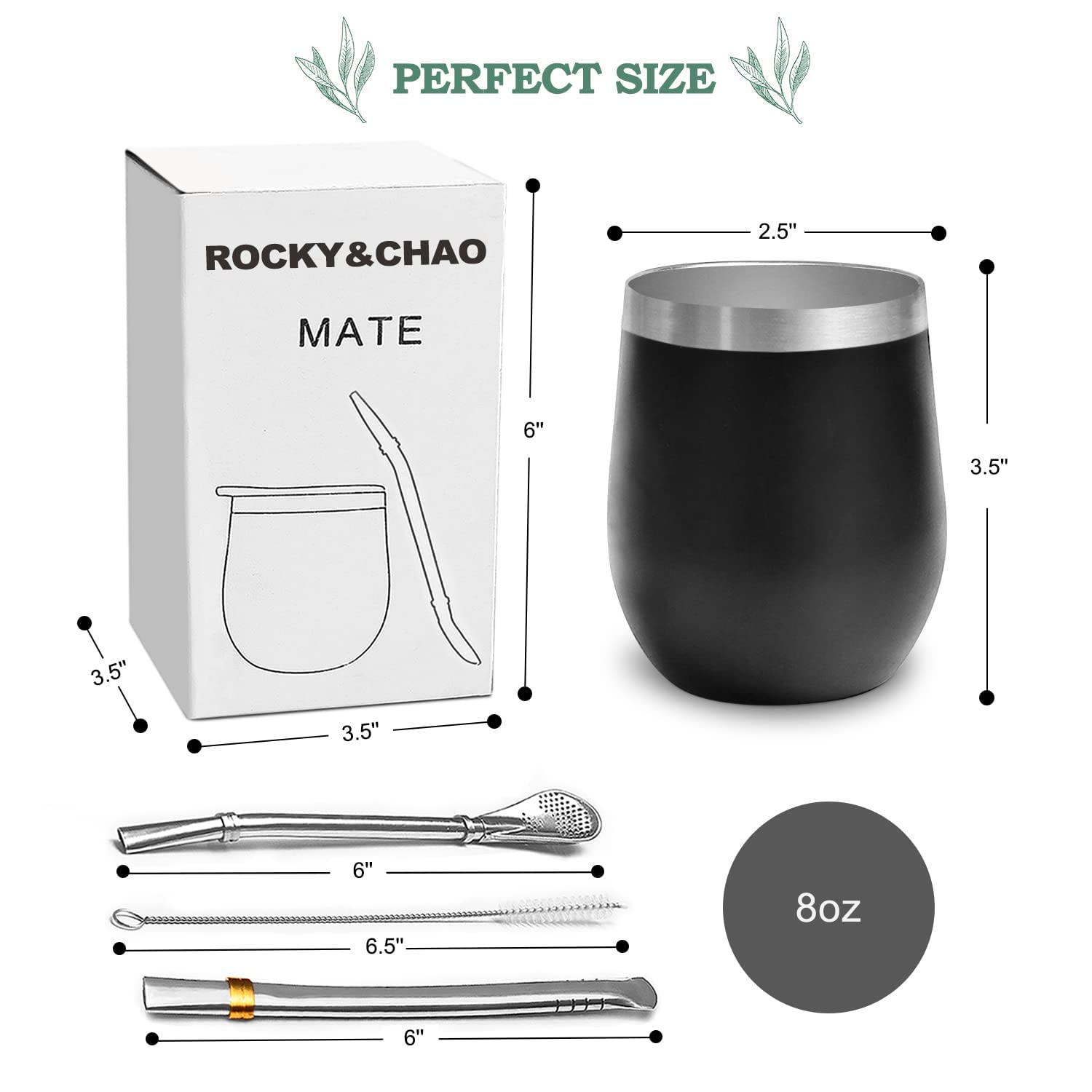 2 Pack 8 Ounces Modern Mate Cup Yerba Mate Tea Cup Set - Including Two Bombilla (Yerba Mate Straw), Lid & Cleaning Brush, Mate Cup for Drinking - Stainless Steel, Double-Wall (Black and Brown)