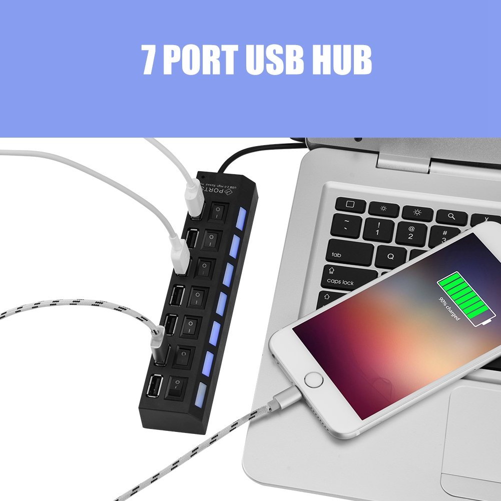 7 Port USB Hub,480Mbps No Conflict Plug & Play USB 2.0 Charger Hub with 7 Independent Switches and Multi-Level for Mobile Phone, Tablet PC, Keyboard, Mouse, Hard Drive, etc