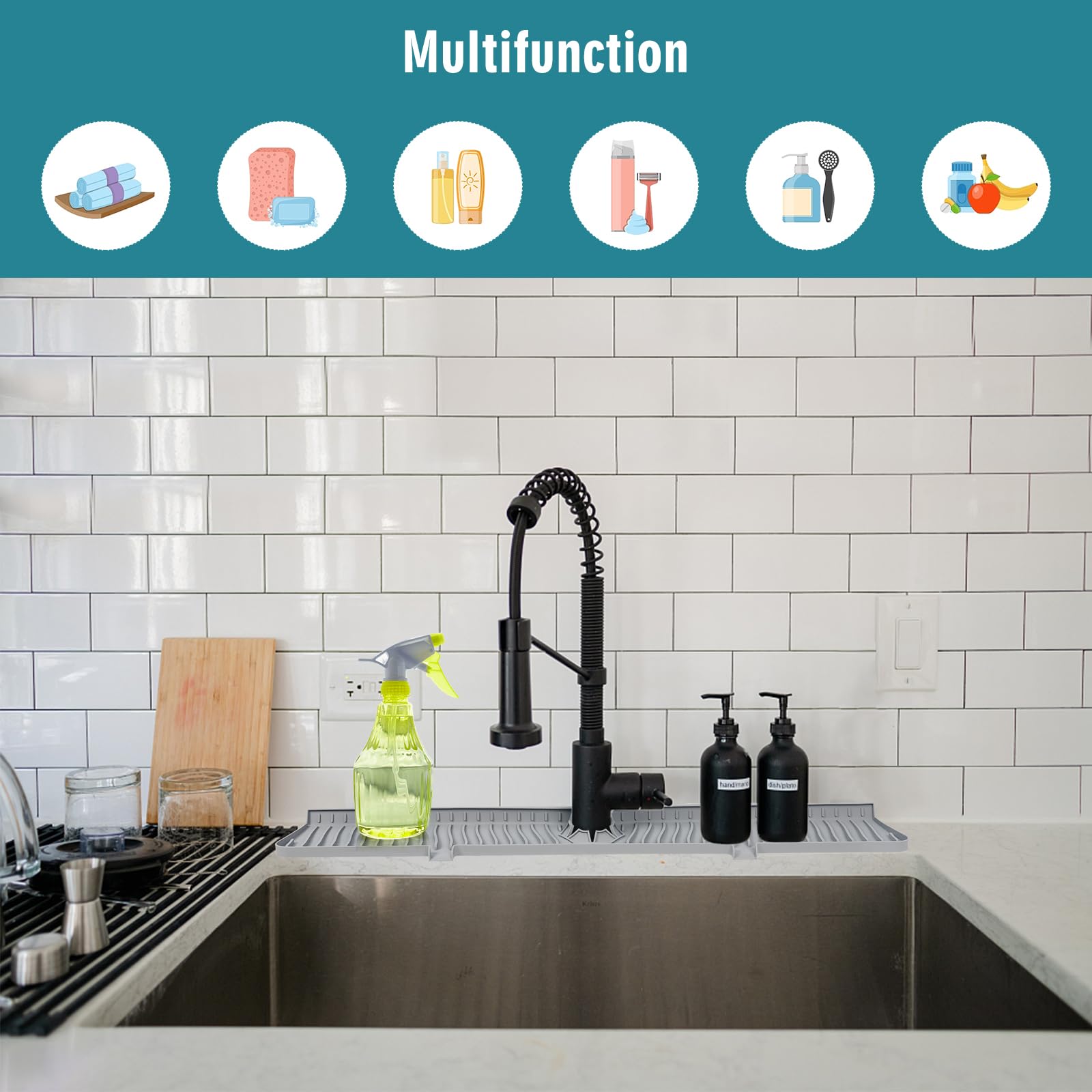 30 inch Kitchen Sink Splash Guard, Faucet Splash Guard, Kitchen Faucet Mat, Longer Silicone Sink Mat for Kitchen Counter, Bathroom, Farmhouse, Drip Protector Splash Countertop (Gray)