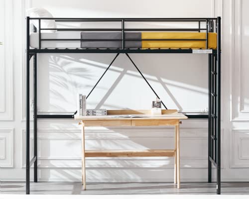 Bonnlo Metal Loft Bed with Stairs and Flat Rung, Junior Loft Bed Twin Size High Loft Bed for Kids/Teens/Adults, No Box Spring Required, Black