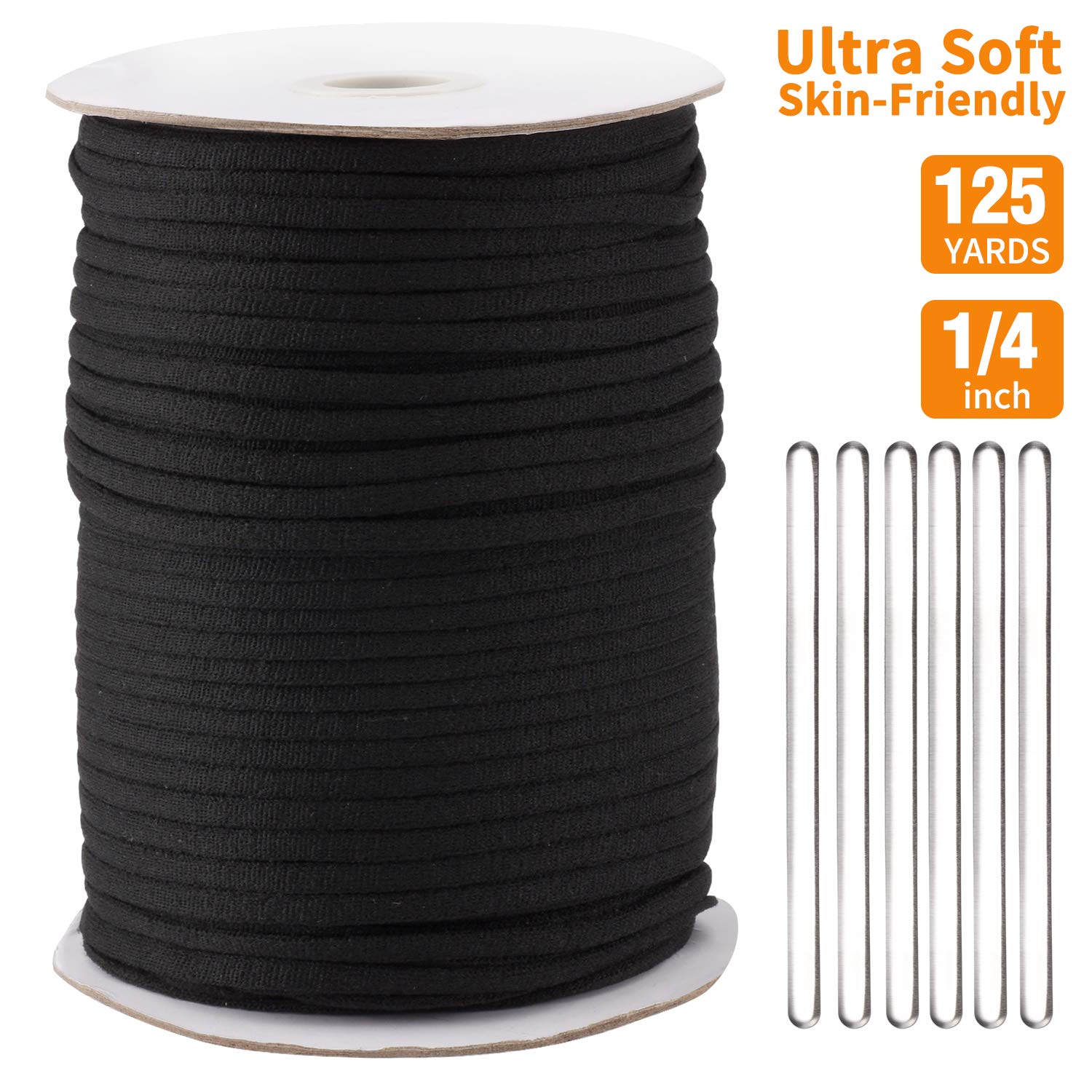 125Yard 1/5 Inch Wide Black Elastic String Cord Bands Rope with 100 pcs 50MM Aluminum Nose Bridge for Sewing Crafts DIY Mask (Black)
