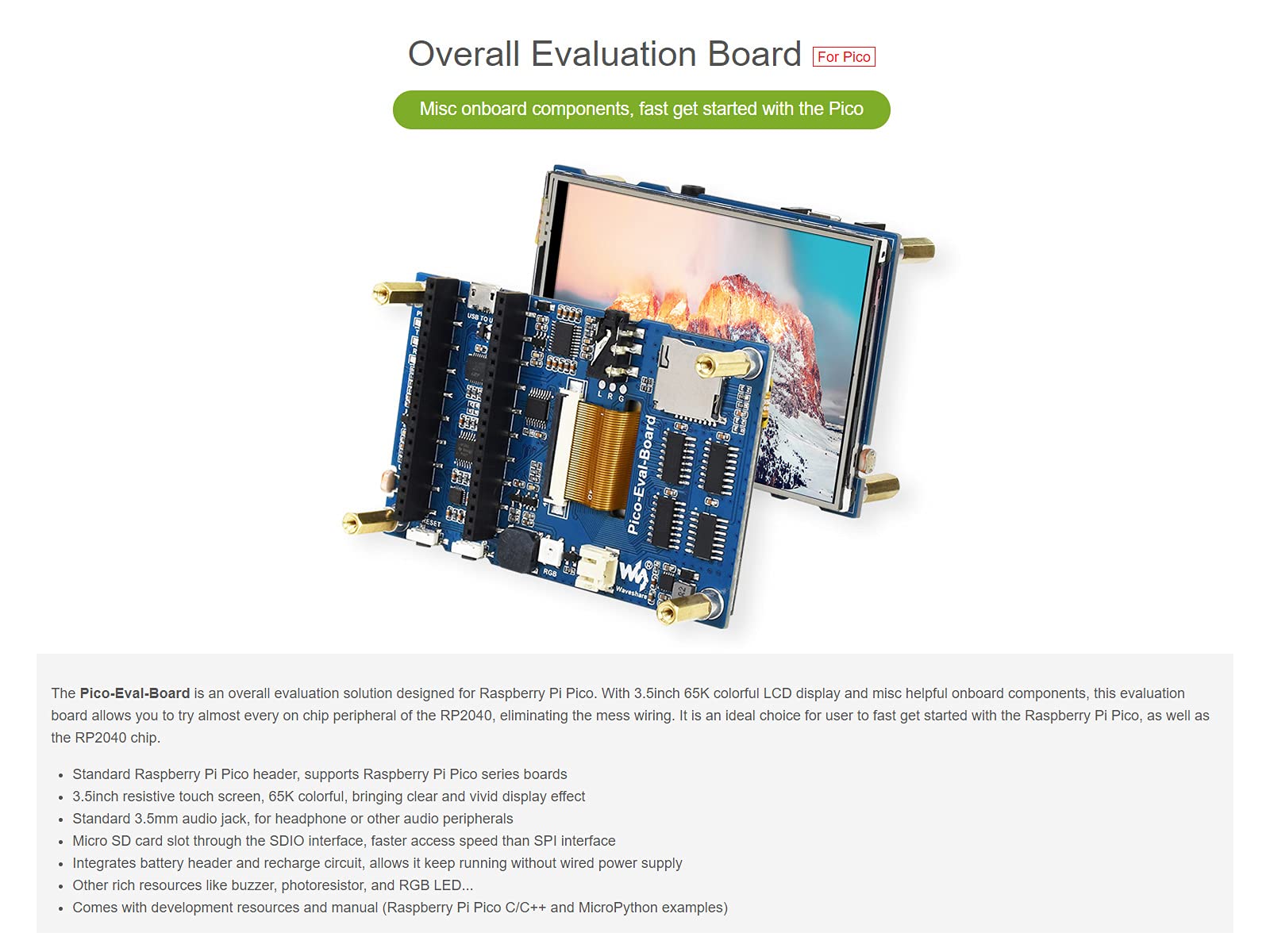 Waveshare Overall Evaluation Board Designed for Raspberry Pi Pico Misc Onboard Components for Easily Evaluating The RP2040