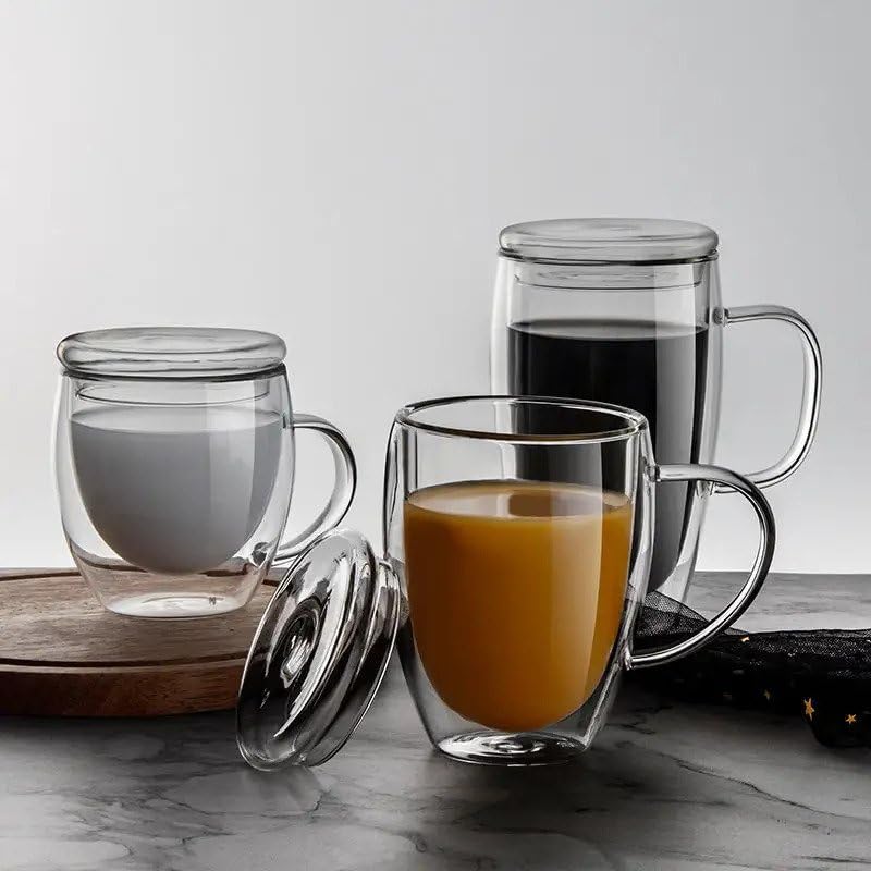 2 Pack -12 oz Clear Double Wall Glass Coffee Mug with Lid | Insulated Heat Proof Glass Tea Cup Mug with Handle | Perfect for Cappuccino Tea Latte Hot Beverage Wine Microwave Safe