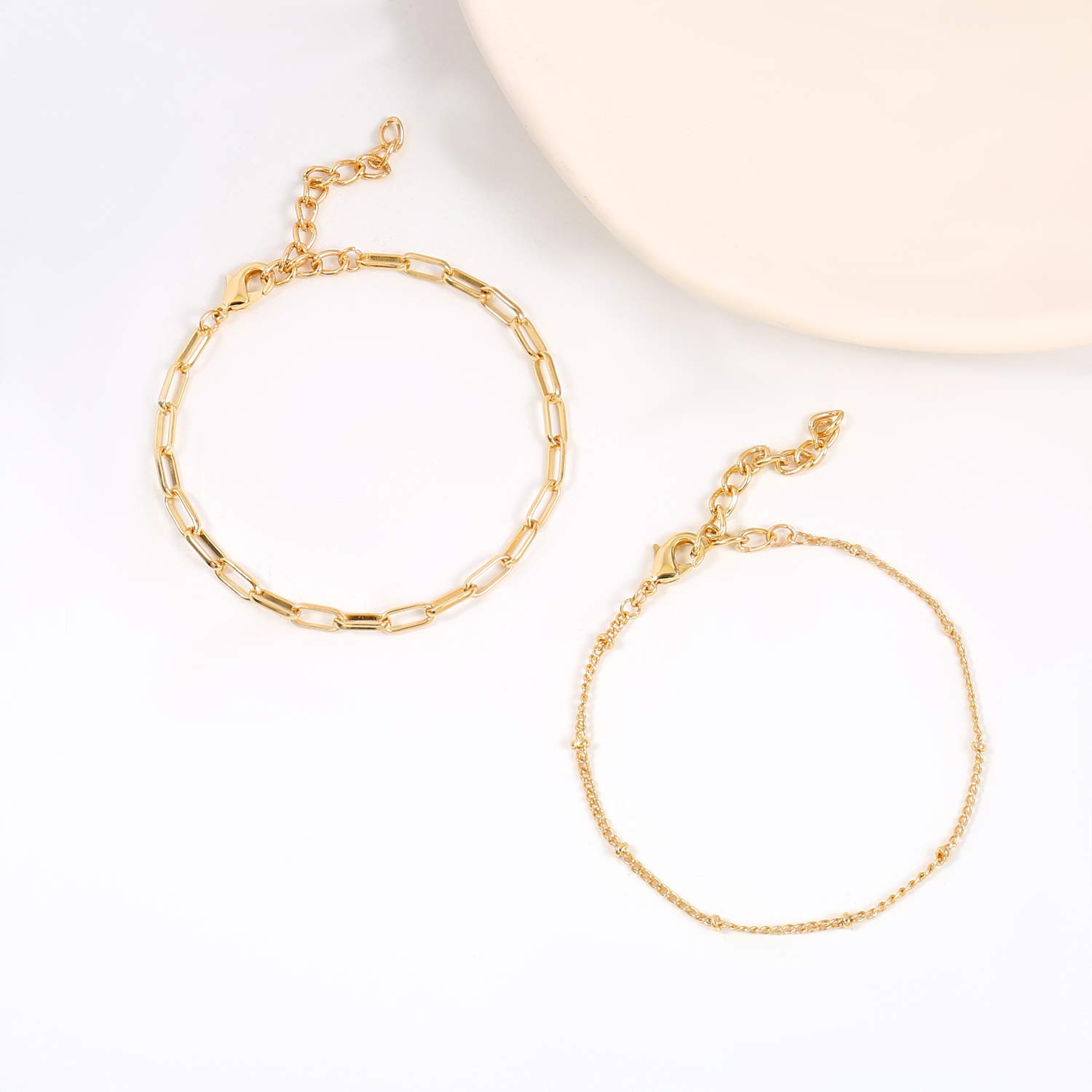 14K Gold Beaded Bracelets for Women,Dainty Gold Plated Chain Link Bracelet Stretchable Adjustable Bracelet(5PCS)……