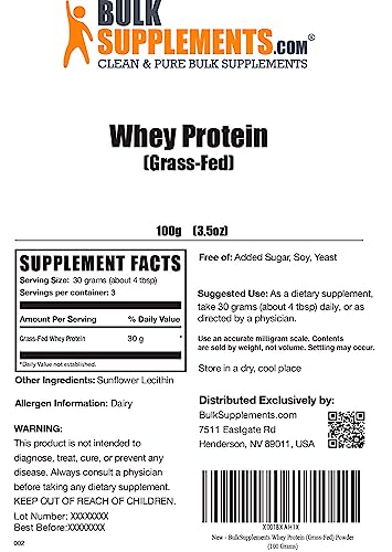 BULKSUPPLEMENTS.COM Grass Fed Whey Protein Powder - Unflavored Whey Protein Powder - Protein Supplement - Pure Protein Powder - Protein Powder Without Artificial Sweeteners (100 Grams - 3.5 oz)