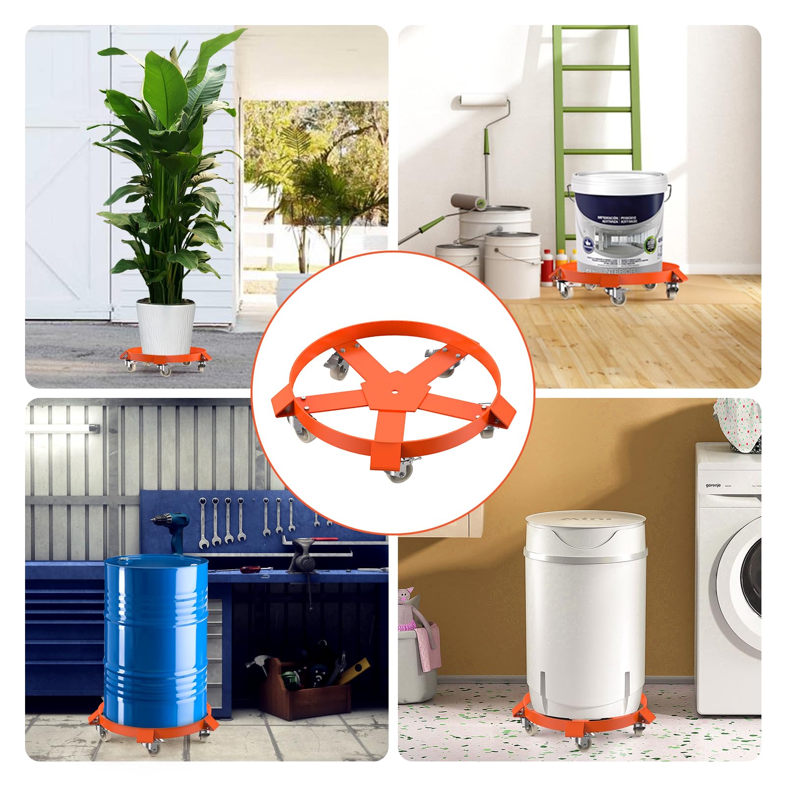 1250 LBS Capacity Drum Dolly, 55 Gallon Barrel Dolly with 5 Caster Wheels, Trash Can Dolly Non-Tipping Hand, Orange Steel Frame Dolly