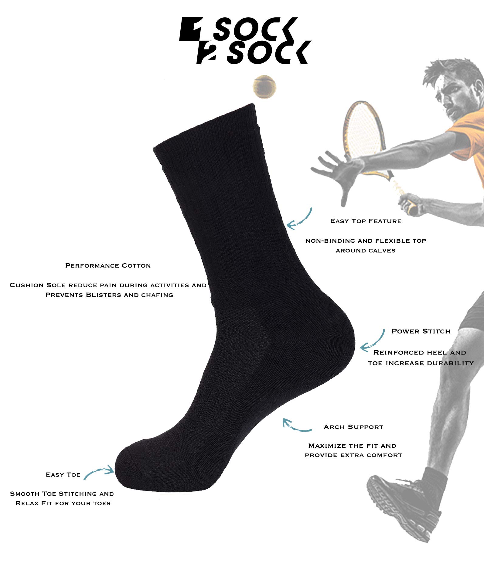 1SOCK2SOCK 6 Pack Performance Cotton Cushion Crew Athletic Sport Socks Moisture Wicking Arch Support Band Black