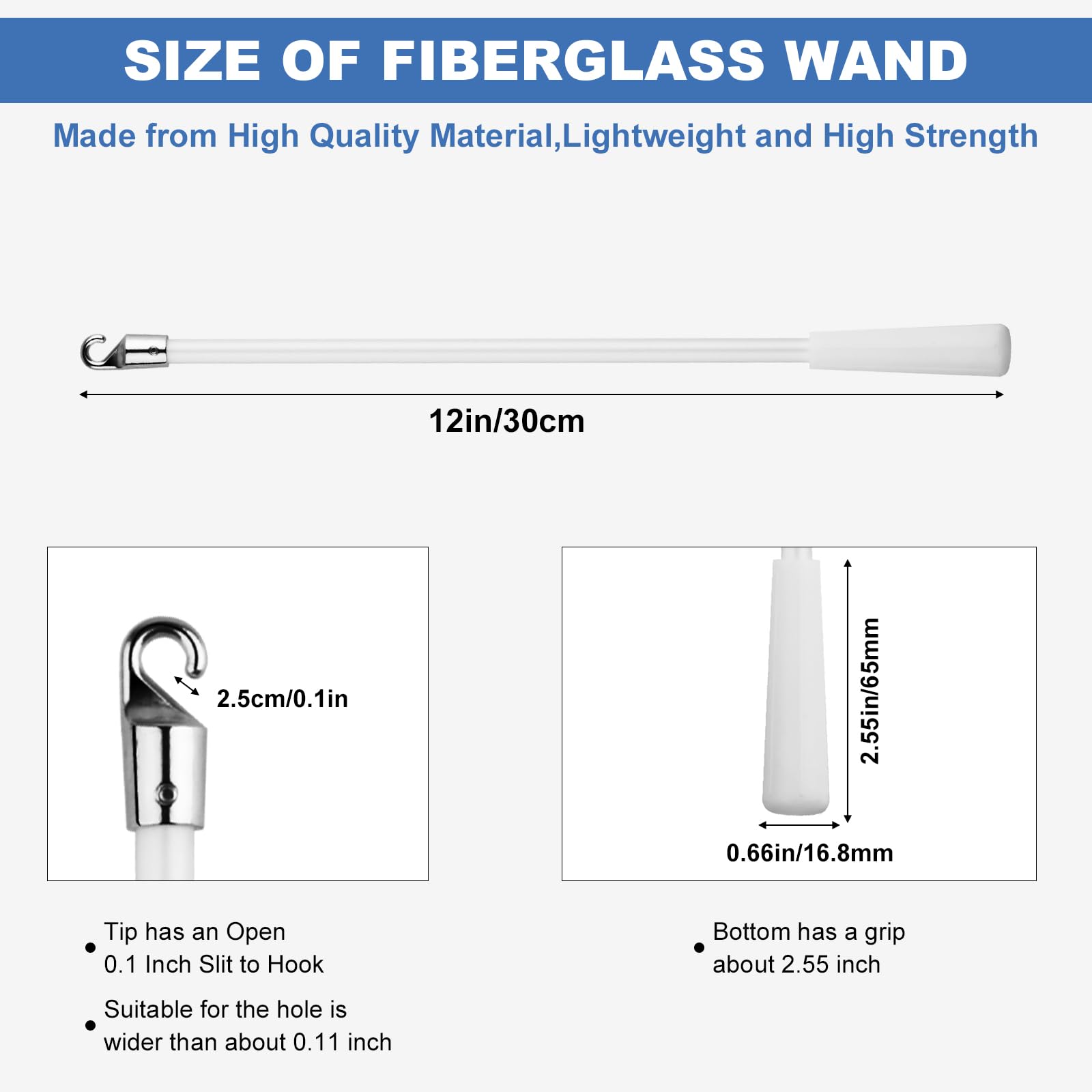 12 Inches Blind Wands, Vertical Blinds Wand Replacement with Hook and Handle, White Fiberglass Window Blind Tilt Rods, Blinds Stick Replacement Parts, Curtain Stick Blind Tilt Wand for Window