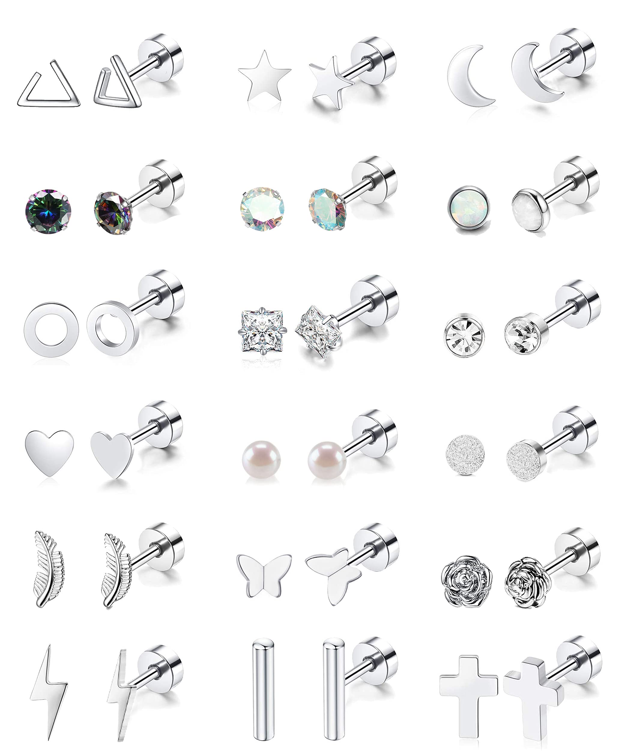 18 Pairs Cartilage Stud Earrings Set for Women Men Star Triangle Moon Heart Disc Ball CZ Small Stainless Steel Geometric Barbell Flatback Piercing (Silver)